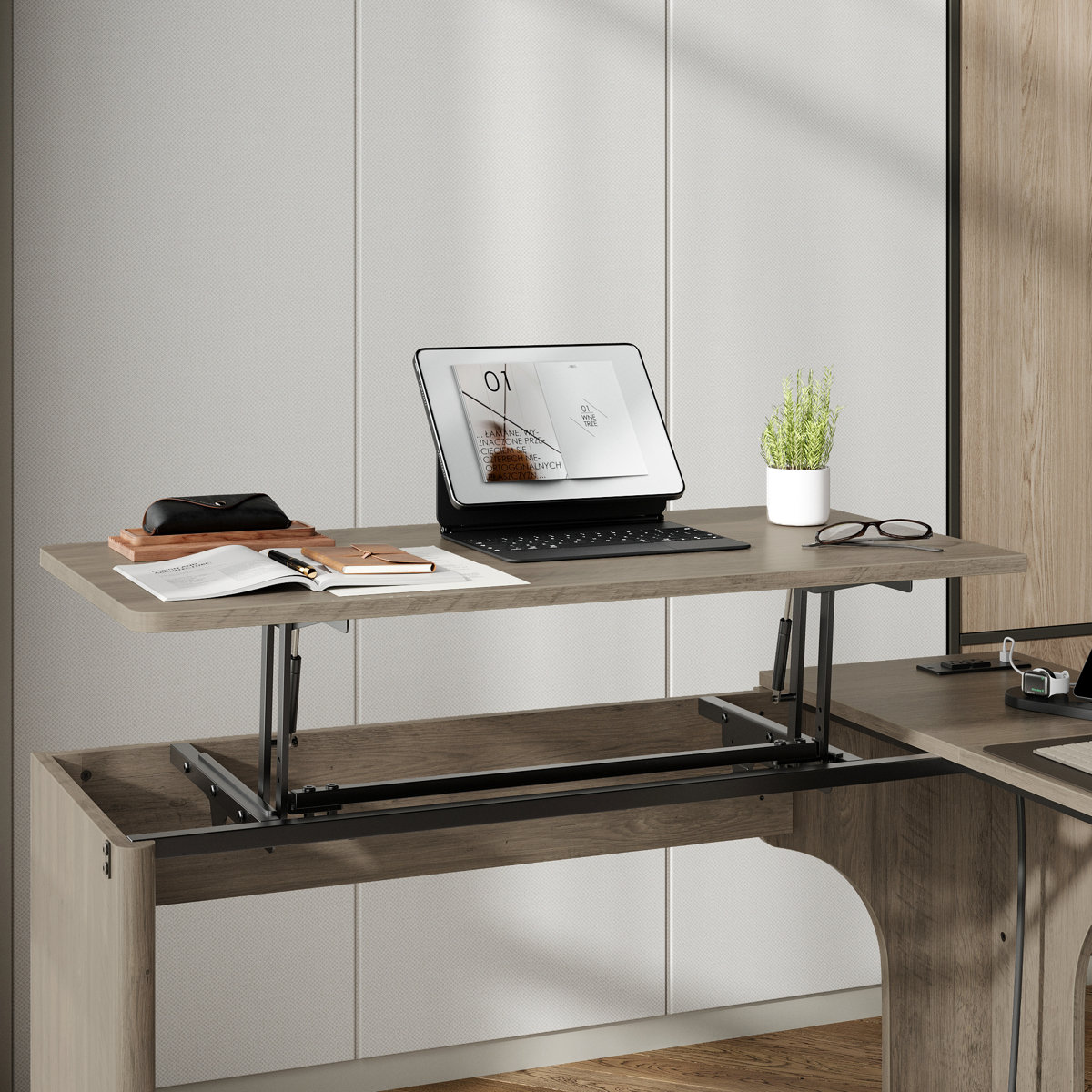 17 Stories Daymen 55Inch Lift Top L Shaped Desk with Power Outlet, Fluted Computer Desk with ...